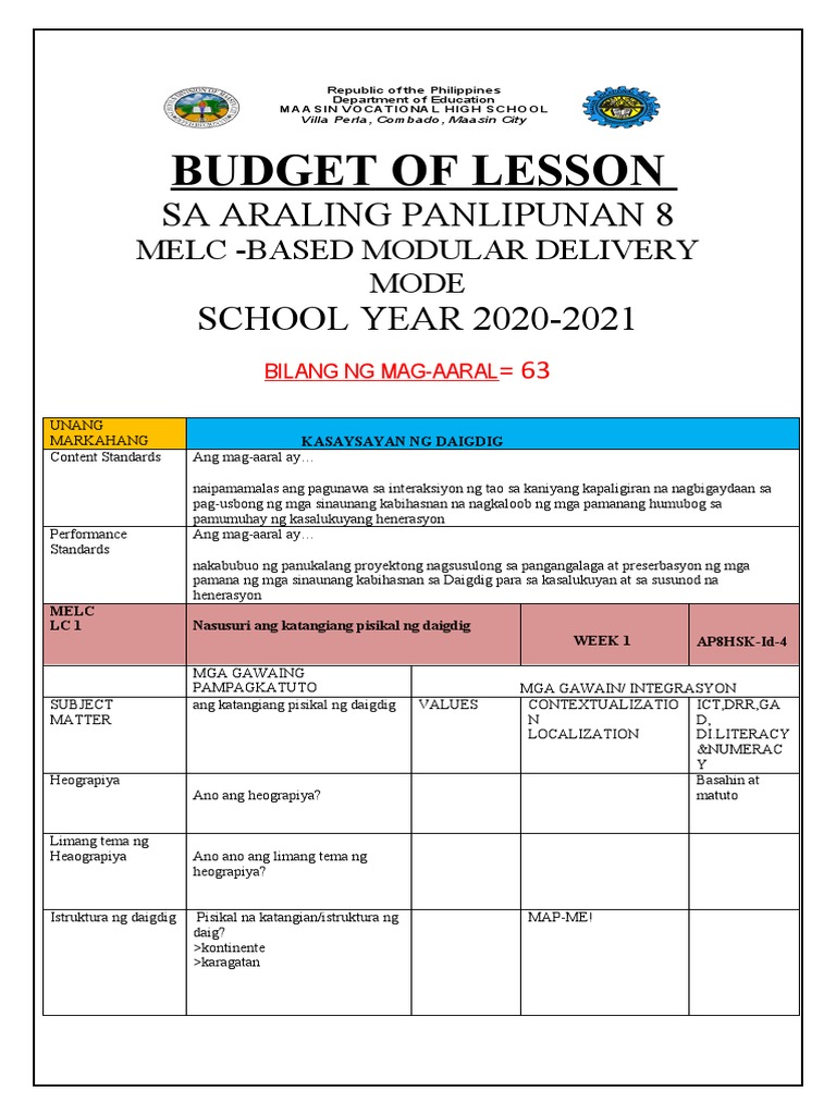 Budget of Lesson in Araling Panlipunan 8 | PDF