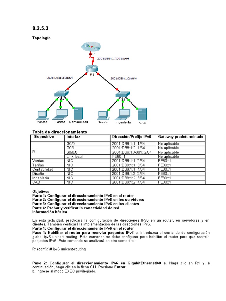 8.2.5.3 Packet Tracer - Configuring IPv6 Addressing | PDF | Enrutador (Computación) | Yo Pv6