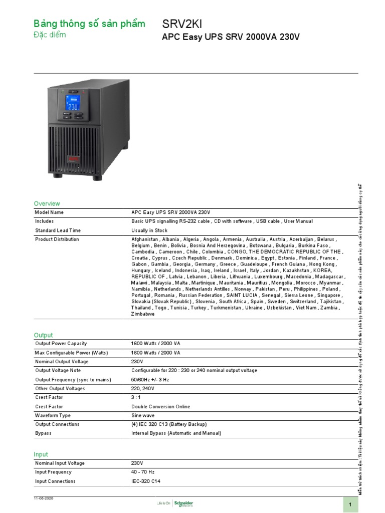 APC Easy UPS SRV 2000VA Specs | PDF | Mains Electricity | Computer Engineering