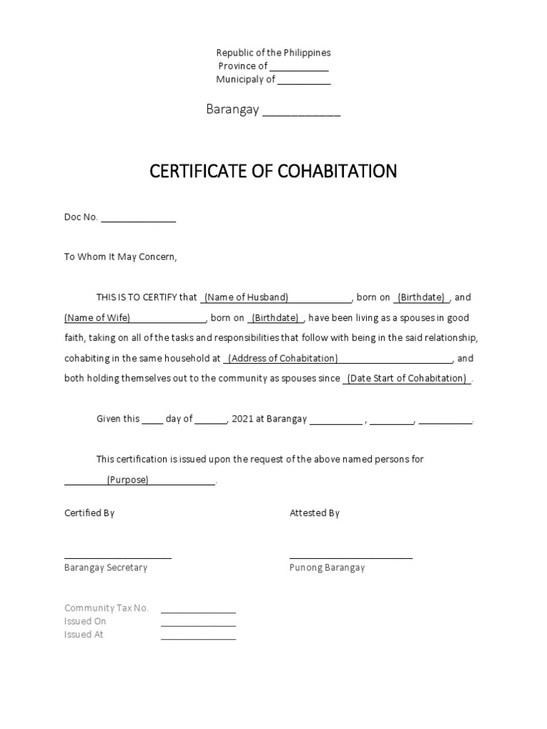 Certificate of Cohabitation - Template | PDF