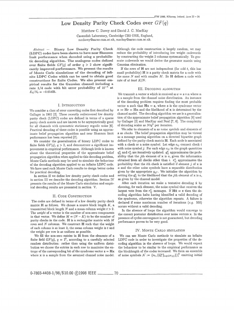 Itw 1998 Low Density Parity Check Codes Over Finite Fields Pdf Low Density Parity Check Code