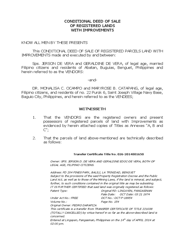 Conditional Deed of Sale 1 | PDF | Civil Law (Common Law) | Property Law