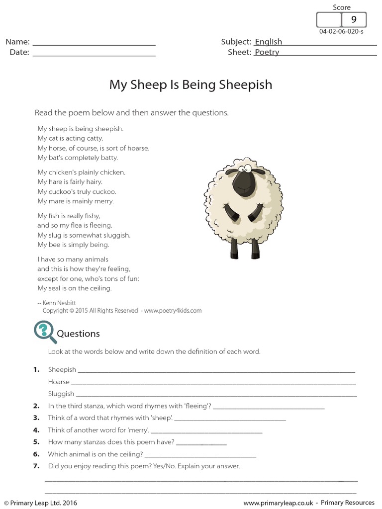 My Sheep Is Being Sheepish: Read The Poem Below and Then Answer The ...