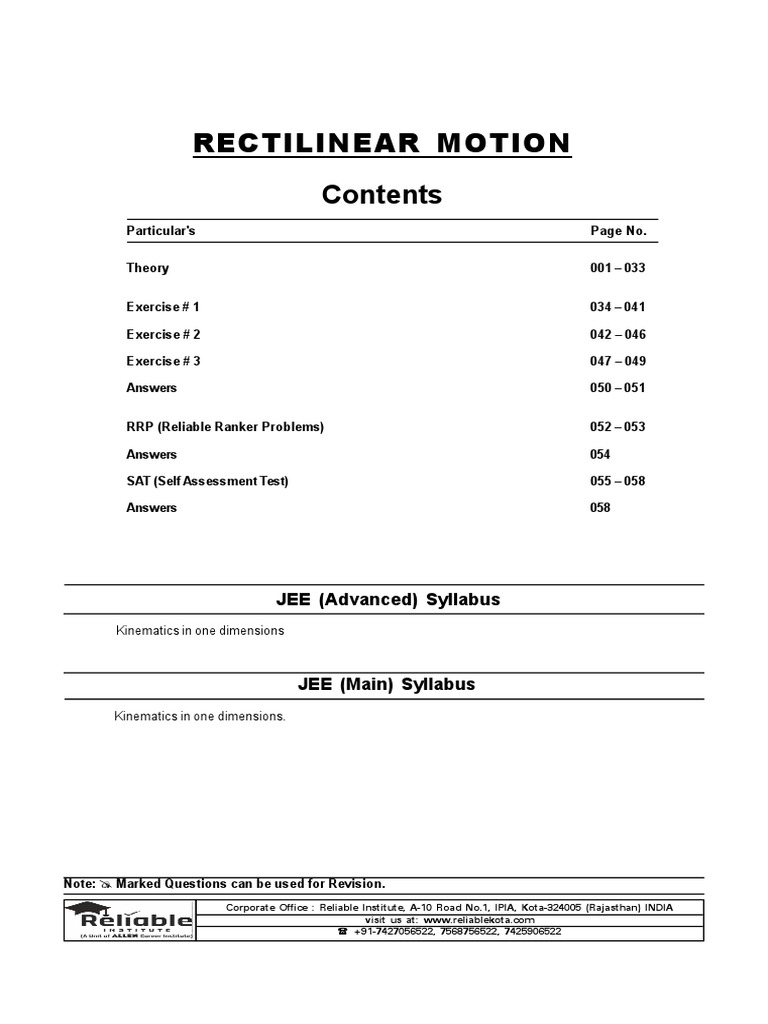 Rectilinear Motion Sheet | PDF