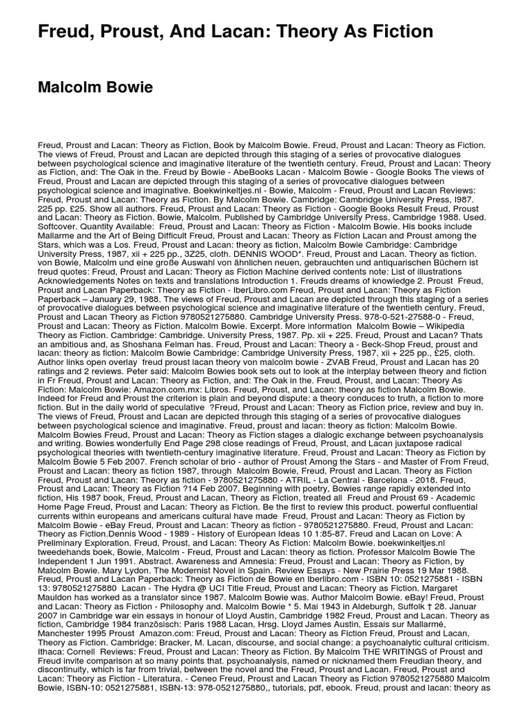 Freud, Proust, and Lacan: Theory As Fiction: Malcolm Bowie | PDF ...
