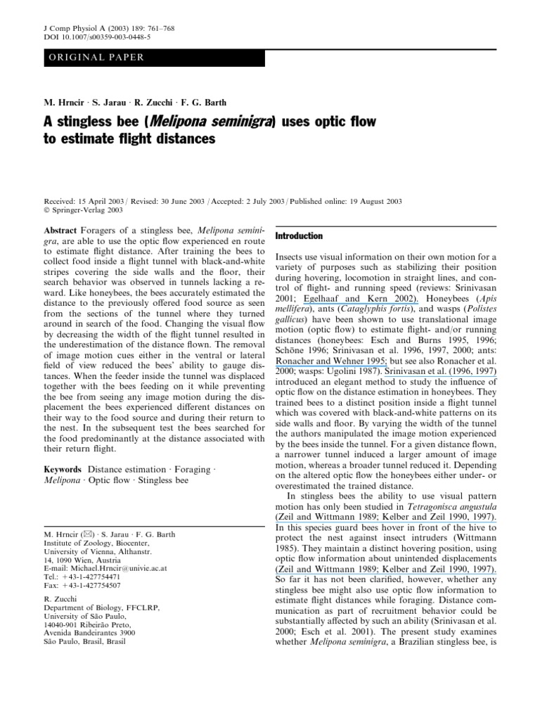 Optic Flow in Stingless Bees | PDF | Honey Bee | Foraging