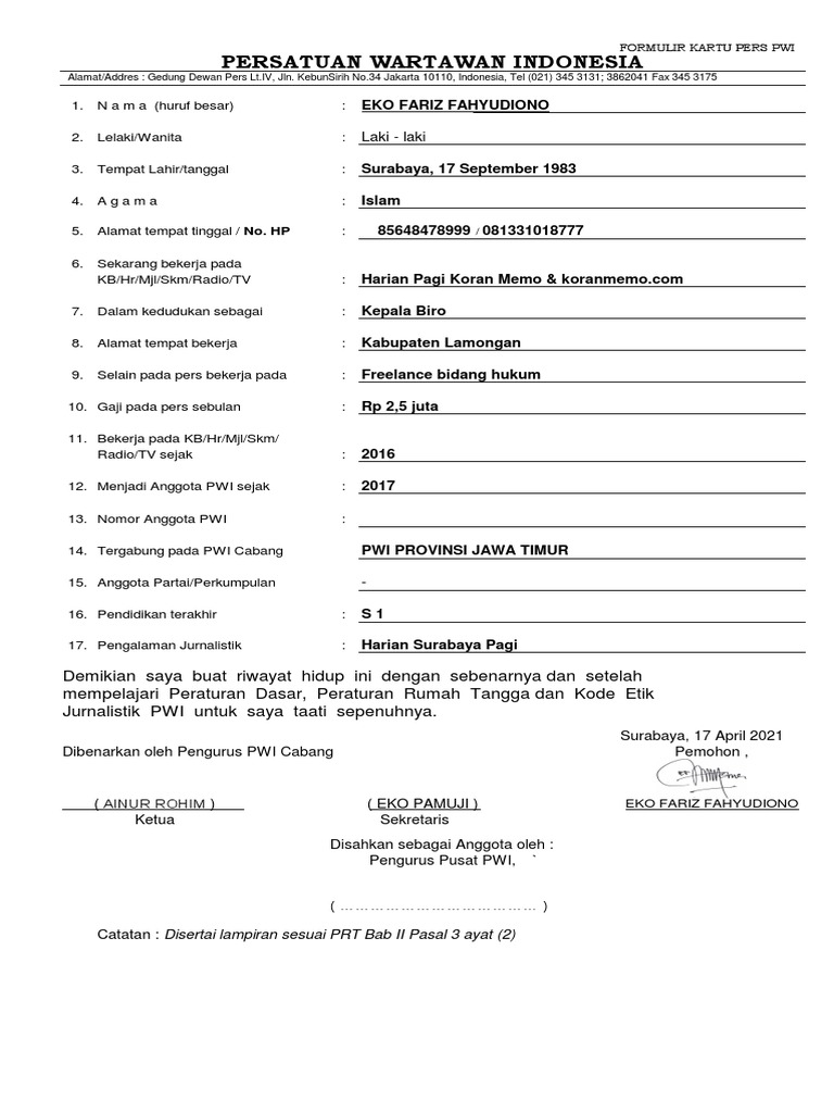 Formulir Pwi Oke | PDF