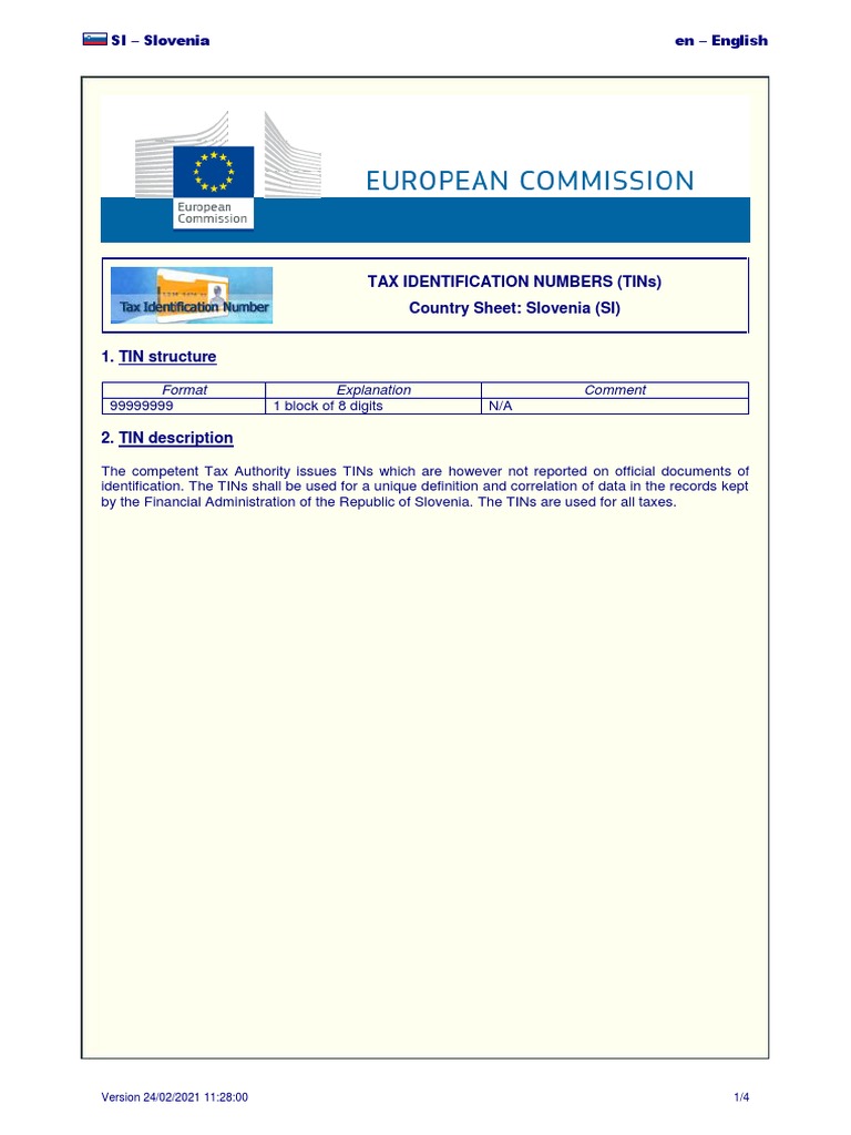 Tax Identification Numbers (Tins) Country Sheet: Slovenia (SI) | PDF ...