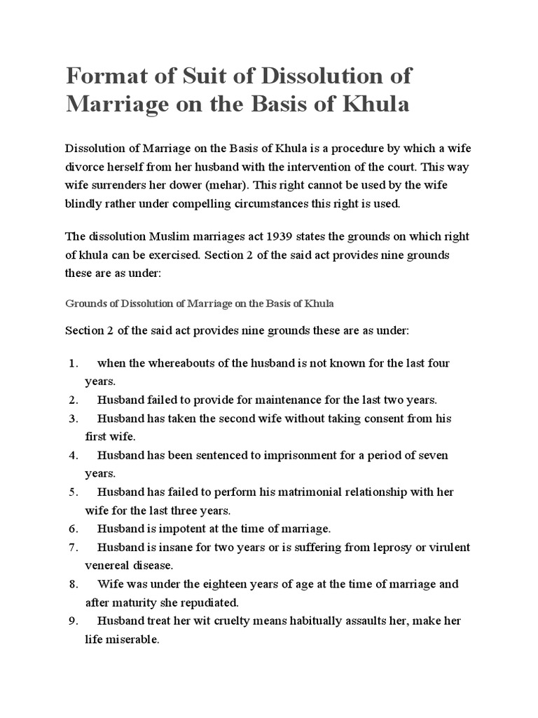 Format of Suit of Dissolution of Marriage On The Basis of Khula | PDF ...