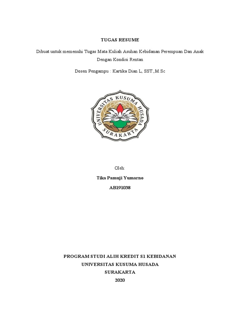 Resume Askeb Perempuan Dan Anak Dengan Kondisi Rentan (Nama Tika Pamuji Yumarno Nim Ab191038) | PDF
