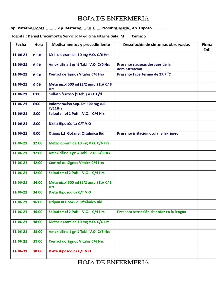 HOJA DE ENFERMERÍA | PDF | Especialidades Medicas | Medicina CLINICA