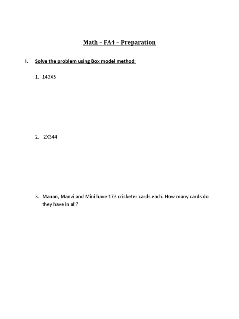 Math - FA4 - Preparation: I. Solve The Problem Using Box Model Method | PDF