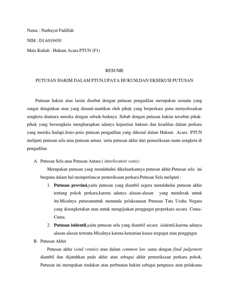Nurhayat Fadillah - D1A019450 - Putusan Hakim PTUN | PDF | Ilmu Sosial ...