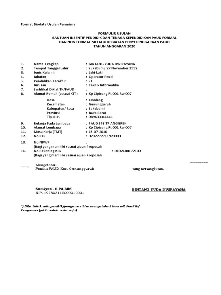 Biodata Penerima Bantuan Pendidik PAUD | PDF