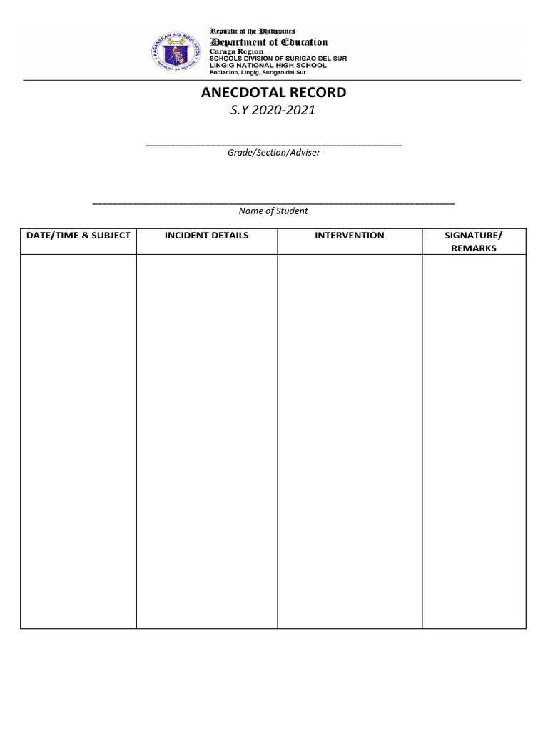Student Anecdotal Record Template | PDF