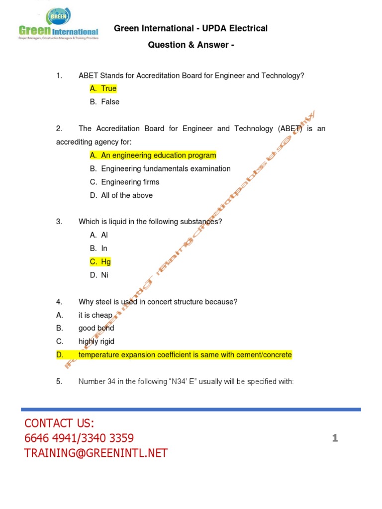 Contact Us: 6646 4941/3340 3359: Green International - UPDA Electrical Question & Answer | PDF ...