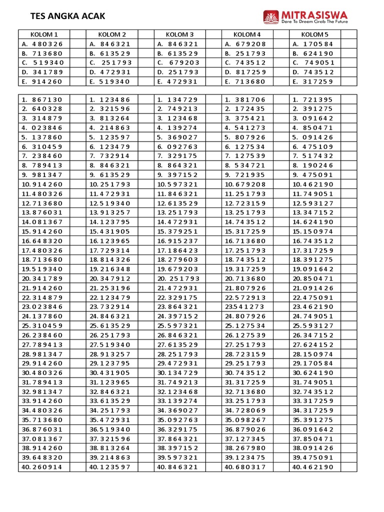 Tes Kecermatan - Angka Acak (Soal Dan Jawaban) | PDF | Théorie (échecs ...