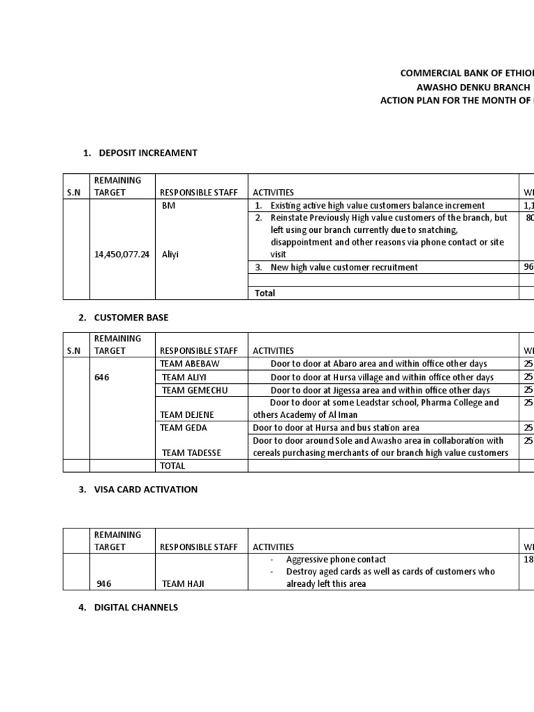 Commercial Bank of Ethiopia Awasho Denku Branch Action Plan For The ...