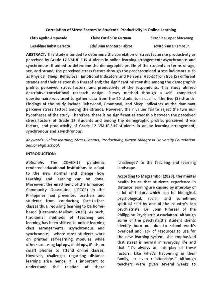 Correlation of Stress Factors To Students' Productivity in Online ...