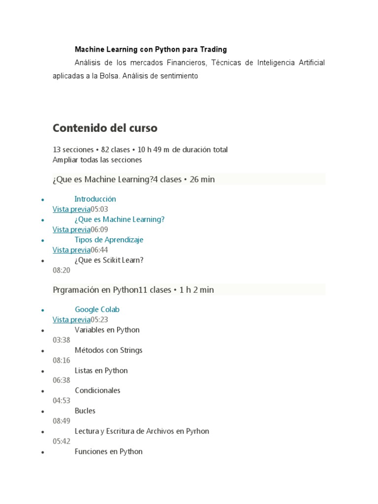 Temario Machine Learning Con Python para Trading | PDF | Aprendizaje automático | Cibernética