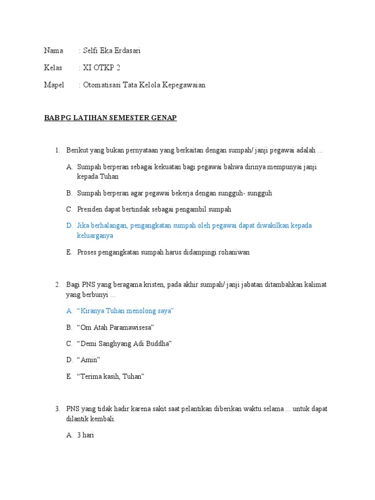 Selfi Eka Xi Otkp 2 Bab PG Latihan Semestr Genap | PDF