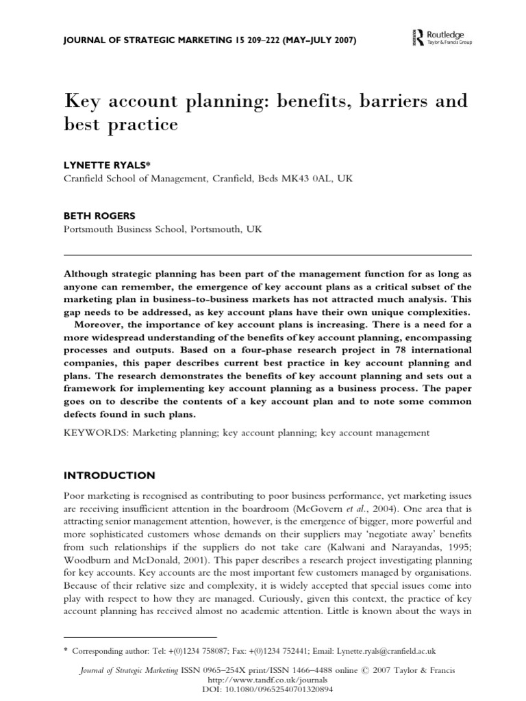 Key Account Planning: Benefits, Barriers and Best Practice: Lynette ...