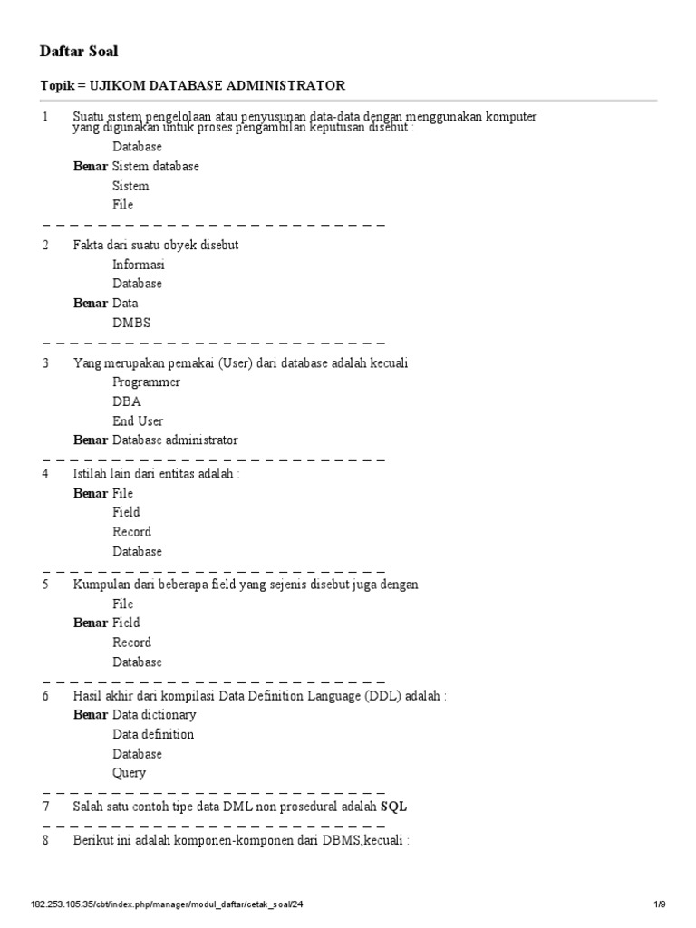 Uji Kompetensi Database Administrator | PDF