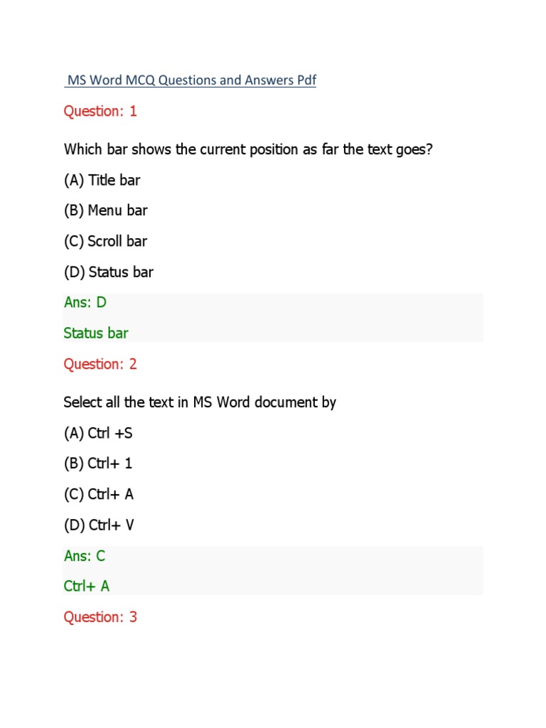 Ms Word MCQ Questions Answers | PDF