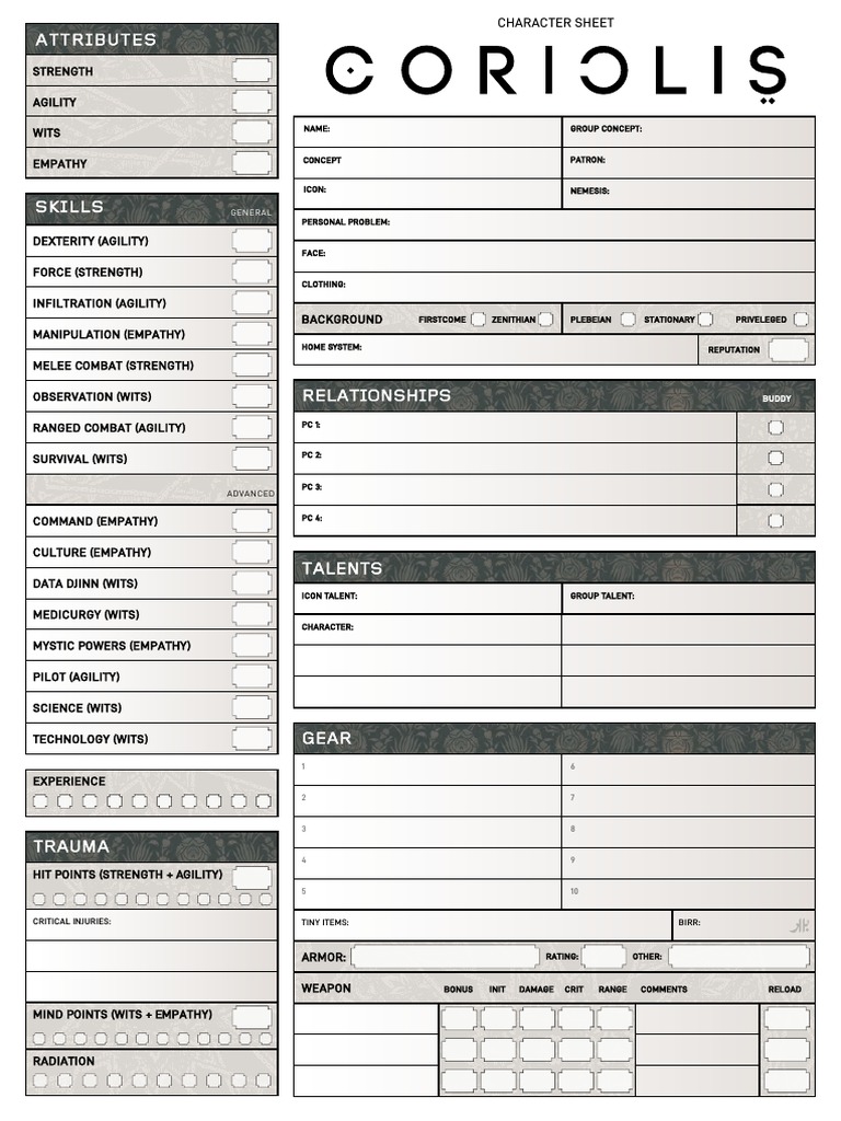 Coriolis - Character Sheet (Antroia) (v2) | PDF | Role Playing Games ...