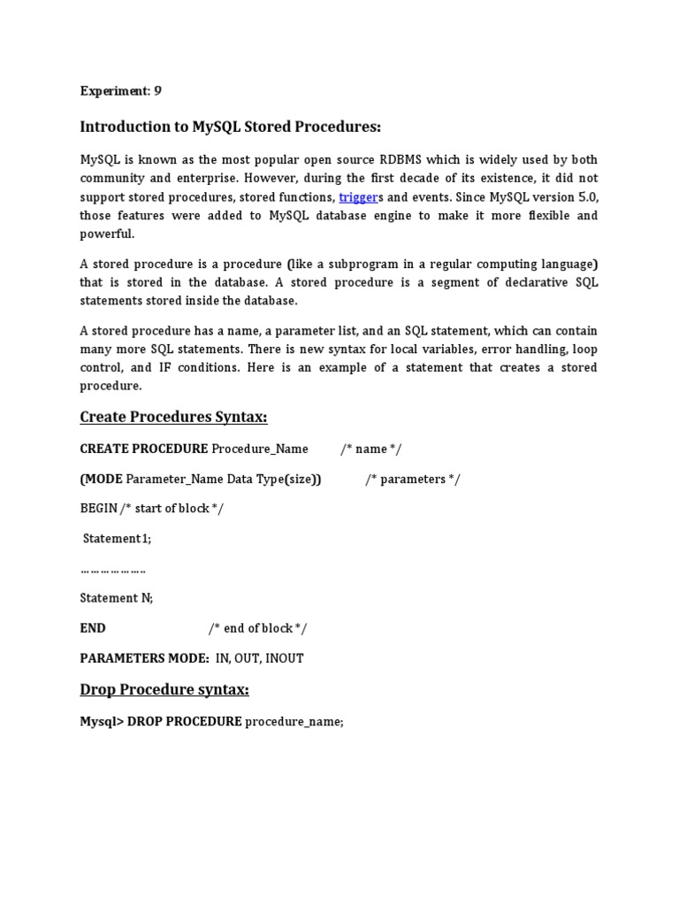 Introduction To Mysql Stored Procedures Experiment 9 Pdf Subroutine Parameter Computer