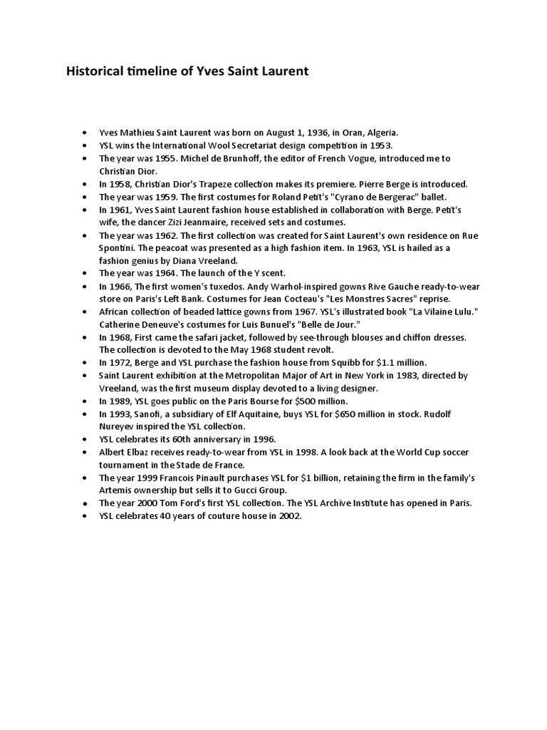 YSL Historical Timeline | PDF | Luxury Brands | Fashion