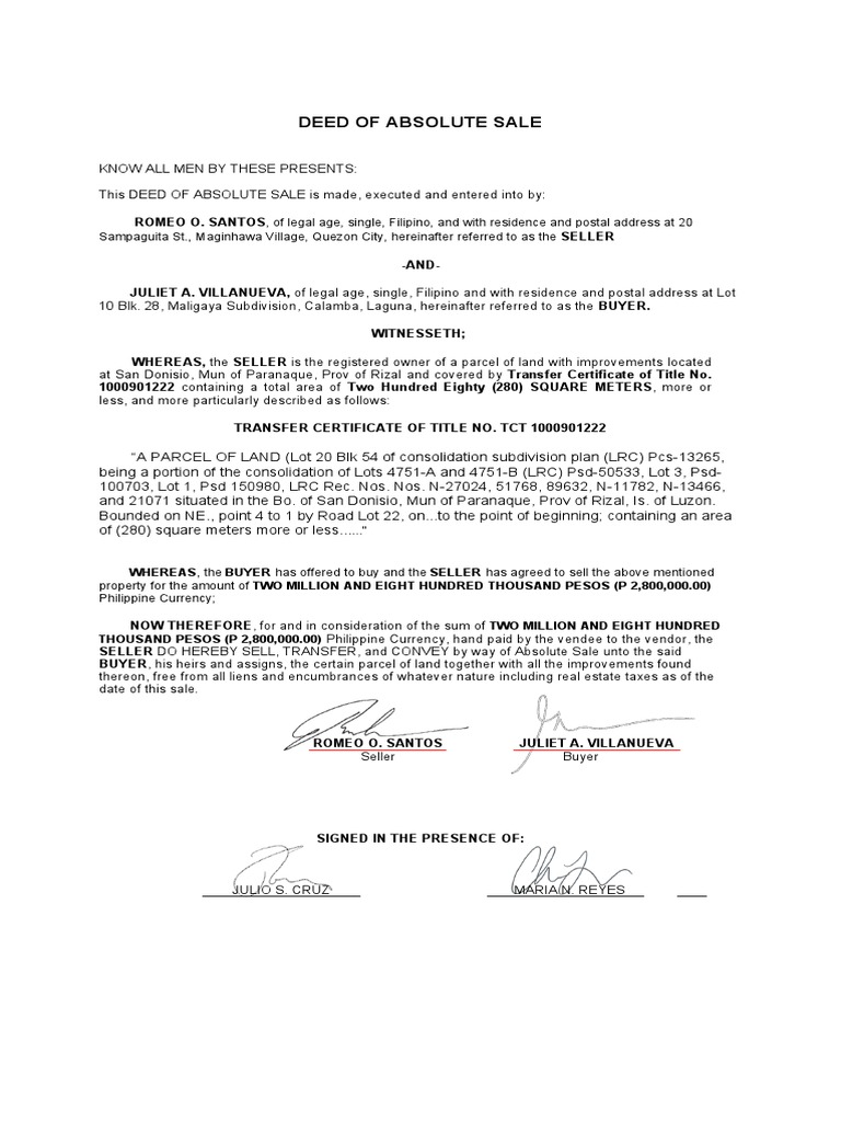 Deed of Sale - SAMPLE | PDF | Law And Economics | Property Law