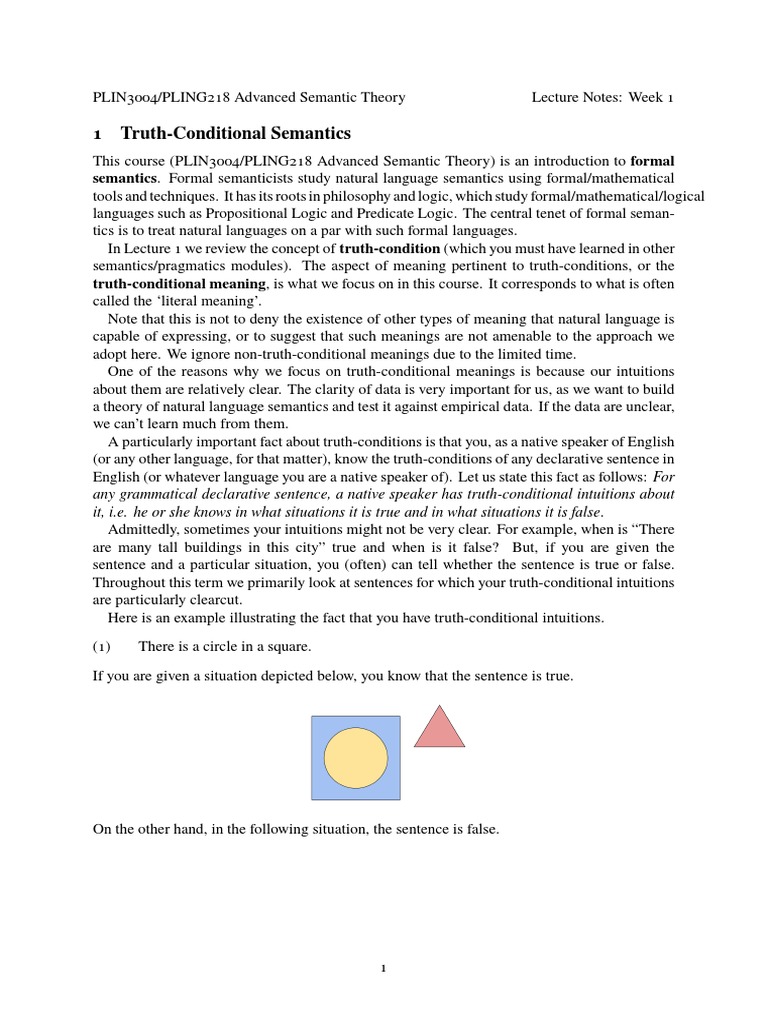 1 Truth-Conditional Semantics | PDF | Set (Mathematics) | Semantics