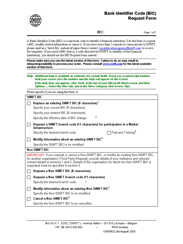 Bank Identifier Code (BIC) Request Form | PDF | Computing | Personally ...