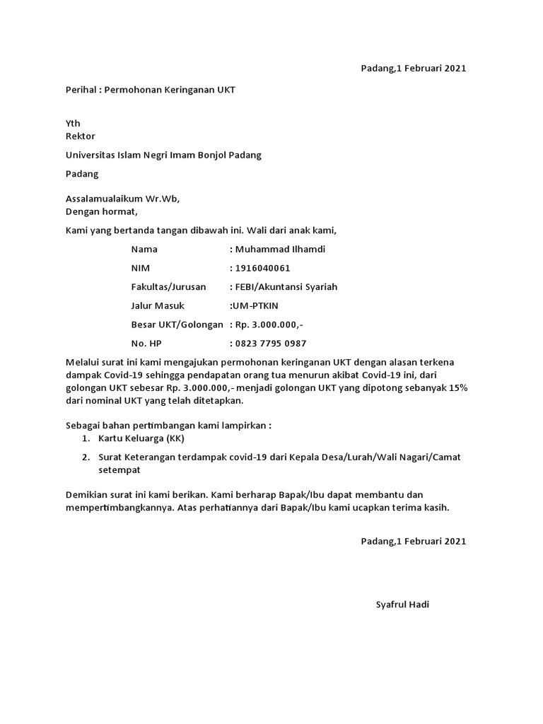 Surat Permohonan Penurunan Ukt-1 | PDF