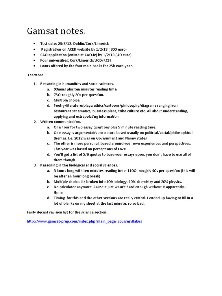 Gamsat Notes From 70 | PDF