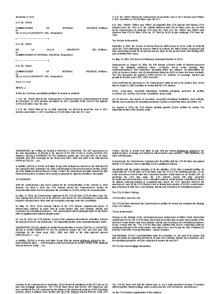 Division) Case No. 7303. G.R. No. 196596 Stemmed From CTA en Banc Case ...