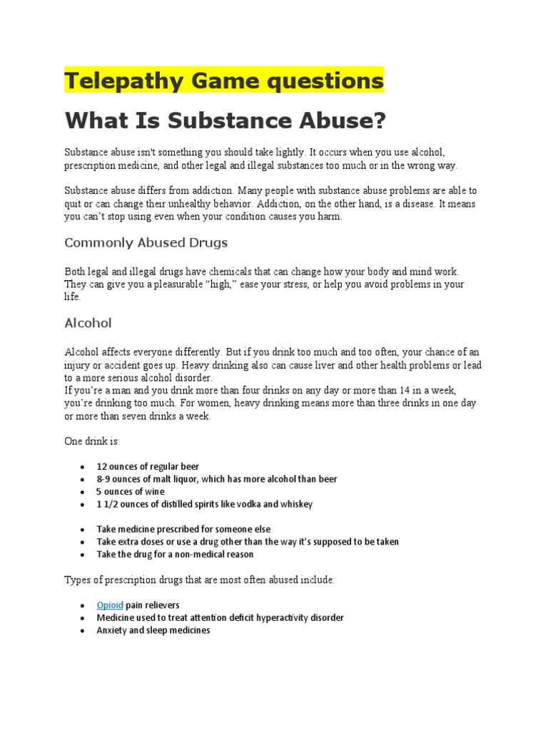 Telepathy Game Questions | PDF | Substance Abuse | Cannabis (Drug)