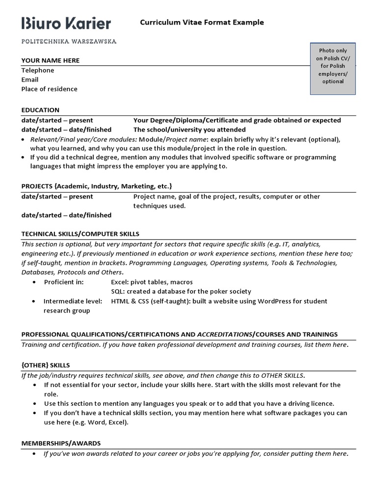 Curriculum Vitae Format Example: Photo Only On Polish CV/ For Polish Employers/ Optional | PDF ...