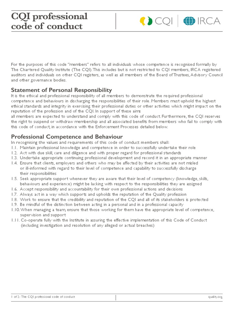 CQI Professional Code of Conduct: Statement of Personal Responsibility ...
