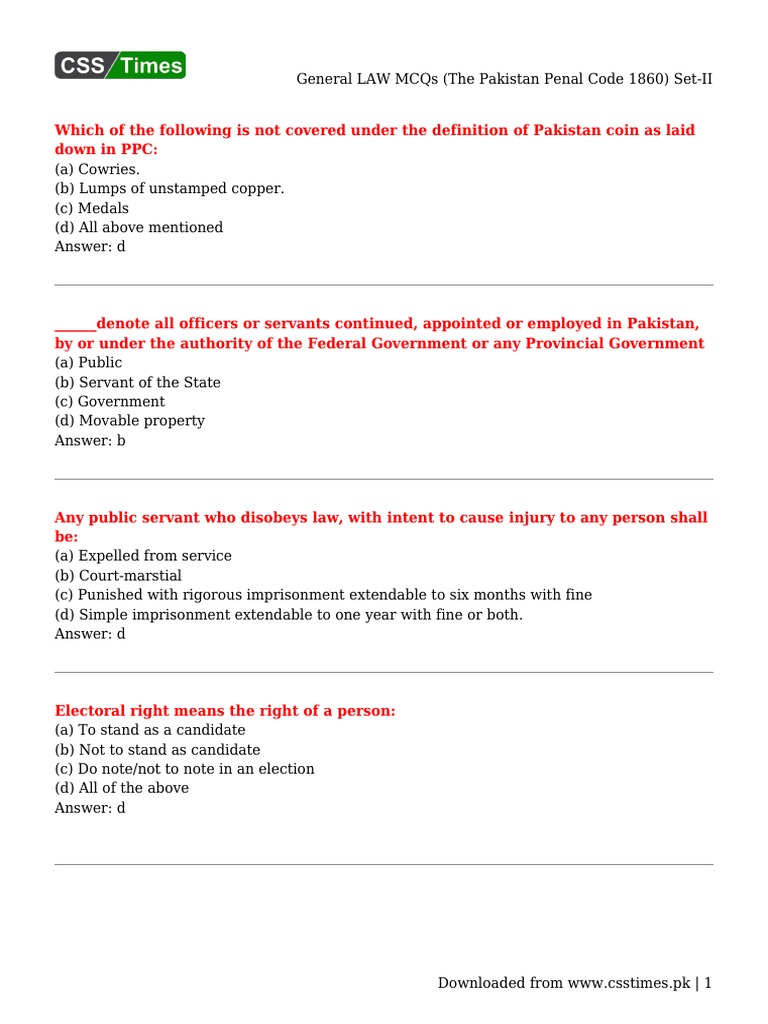 General LAW MCQs (The Pakistan Penal Code 1860) Set-II | PDF | Fine ...