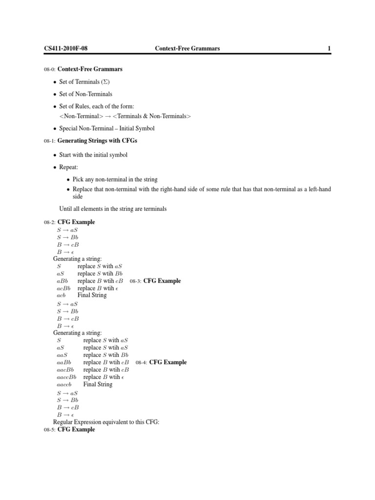 CS411-2010F-08 Context-Free Grammars 1 | PDF | Notation | Languages