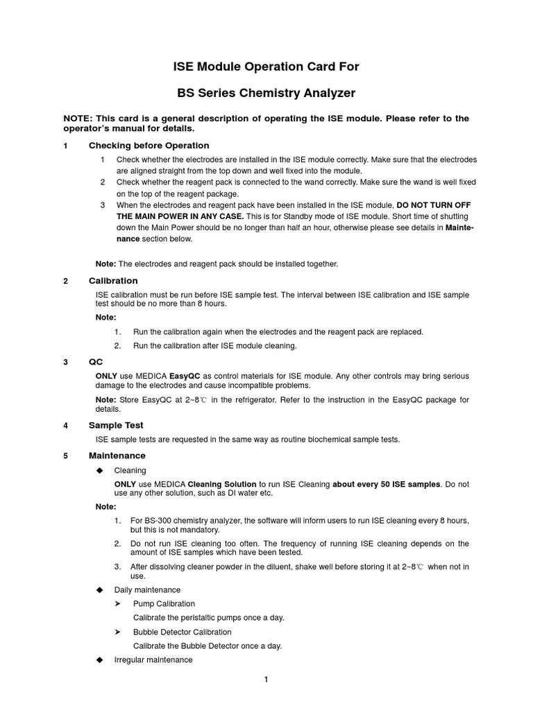 ISE Module Operation Card For BS Series Chemistry Analyzer: Operator's ...