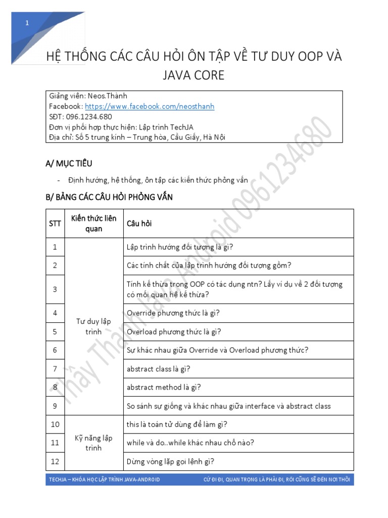 Hệ Thống Các Câu Hỏi Ôn Tập Về Tư Duy Oop Và Java Core | PDF