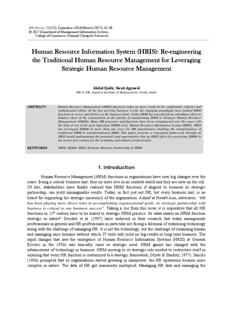 Human Resource Information System (HRIS) Re-Engineering The Traditional ...
