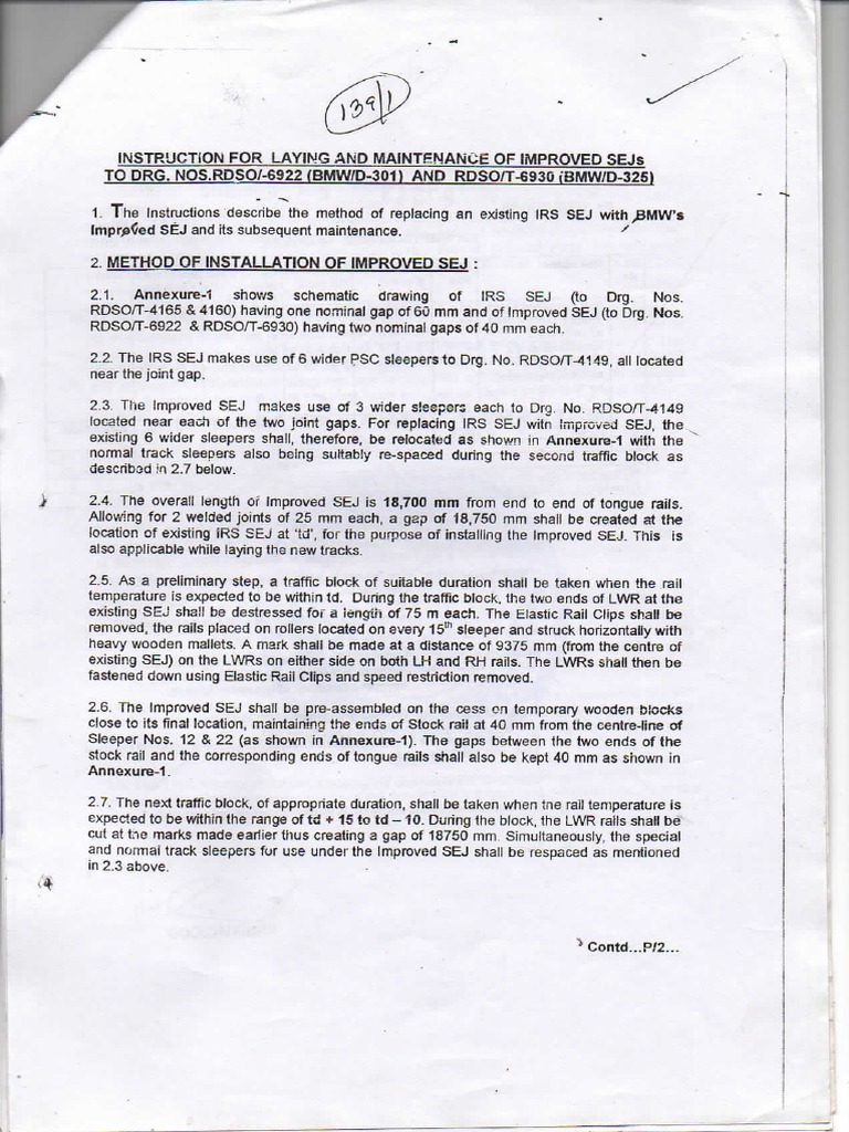 INSTRUCTION FOR LAYING AND MAINTENANCE OF IMPROVED SEJ's | PDF