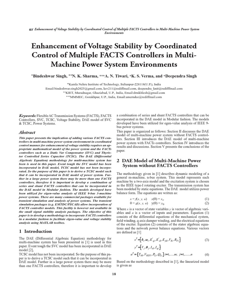 Enhancement of Voltage Stability by Coordinated Control of Multiple FACTS Controllers in Multi ...