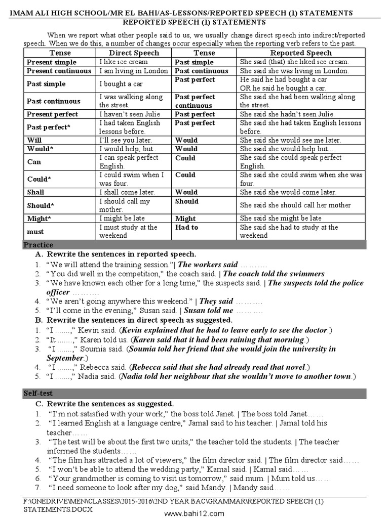Reported Speech (1) Statements | PDF | Linguistic Typology | Linguistic ...