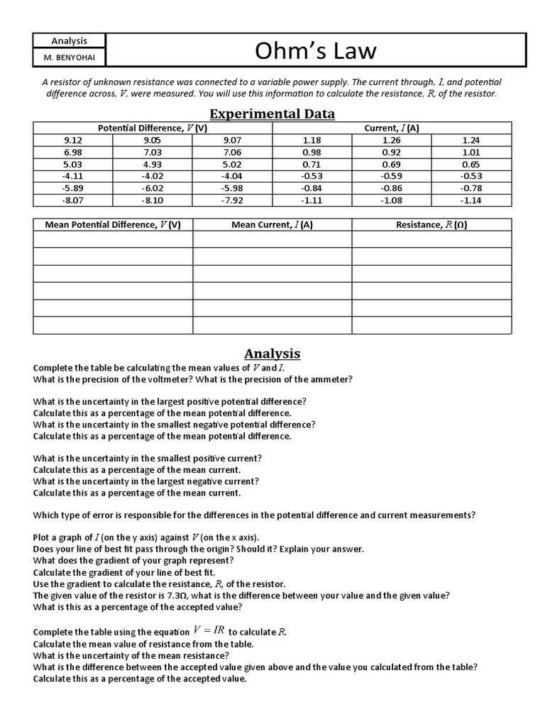 Ohms Law Data Analysis Sheet | PDF | Voltage | Resistor