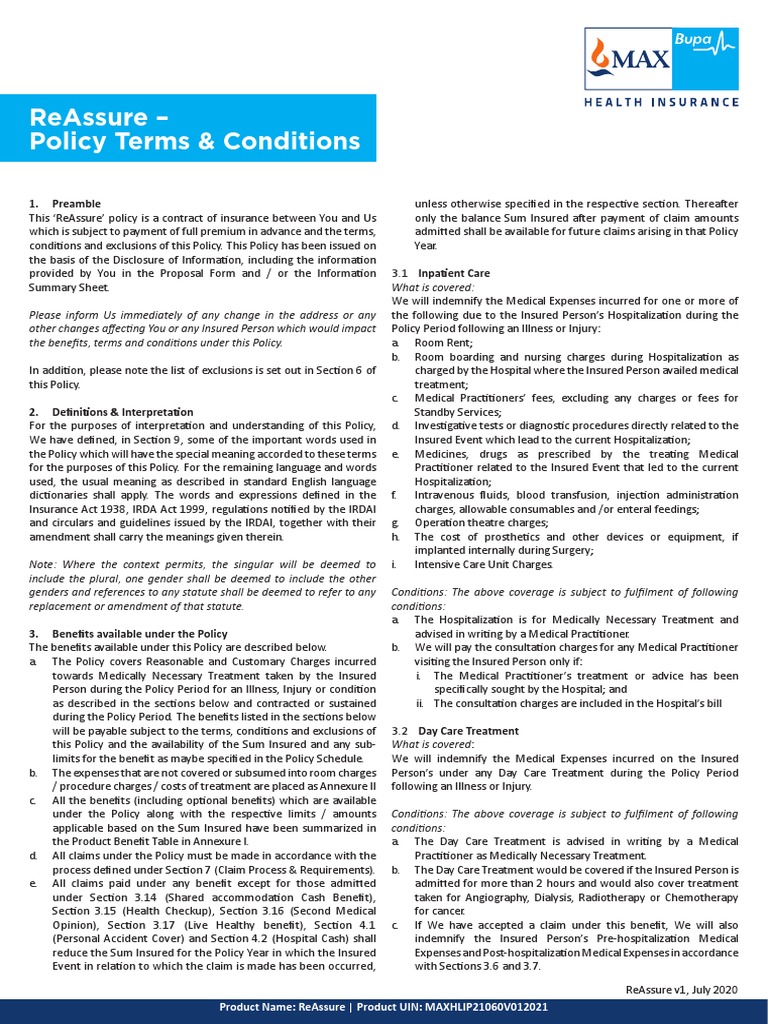 ReAssure Policy Wordings | PDF | Insurance | Hospital